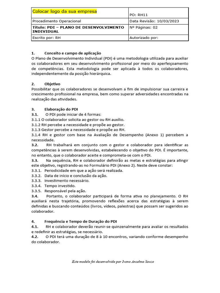 22 Modelo Procedimento Pdi | PDF | Gestão de recursos humanos | Business
