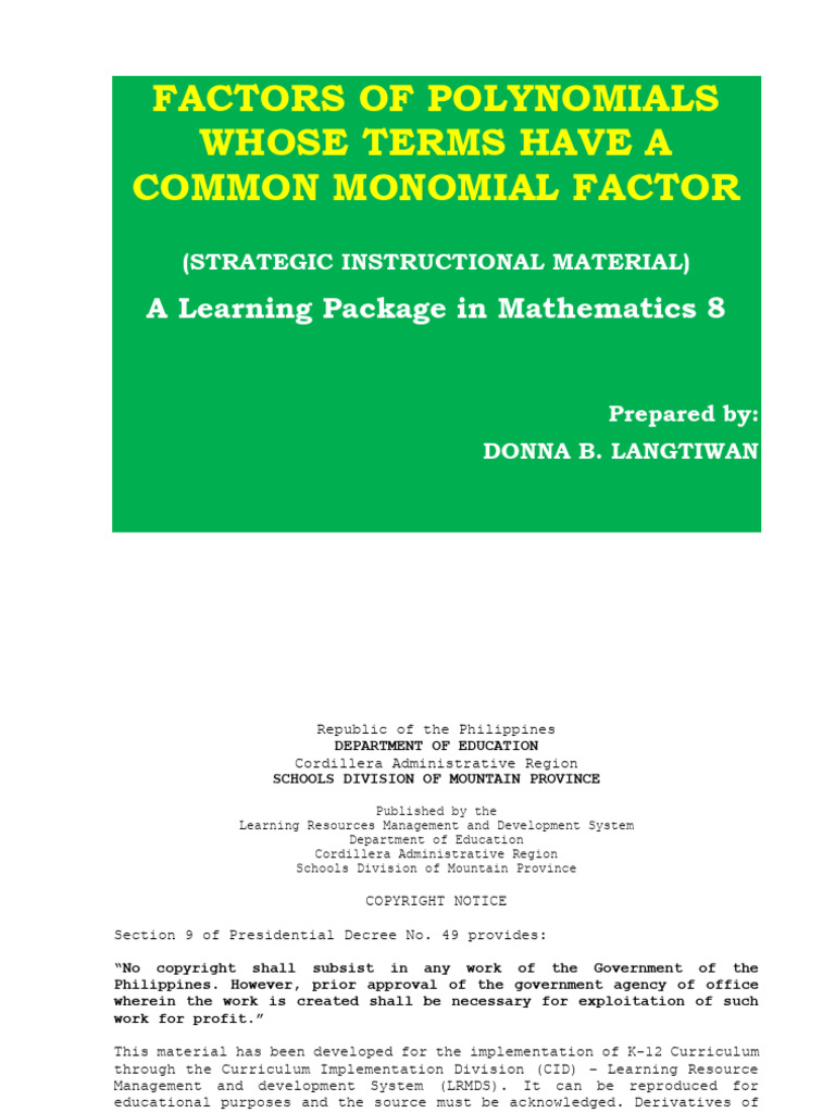 SDO-MP-Passed-3121-10-19-Math8-Q1-W4-Factors of Polynomials With Common Monomial Factor-V.1 ...