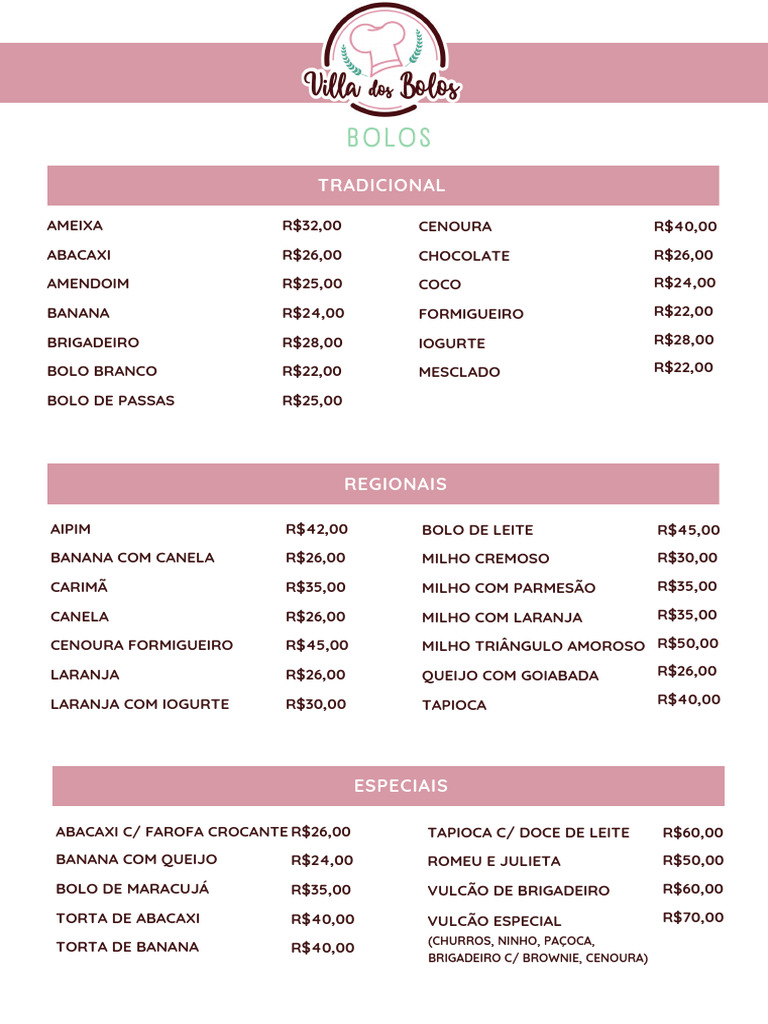 Cardápio - Villa Dos Bolos | PDF