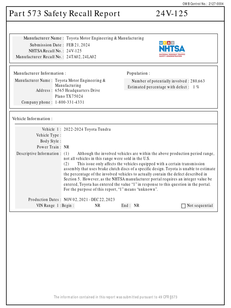 NHTSA Defect Document For Toyota's Unexpected Vehicle Movement Recall ...