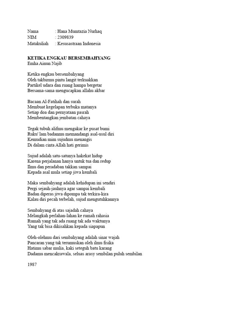 Hana Mumtazia - 2309839 - Model Kajian Puisi - Fenomenologi | PDF | Puisi