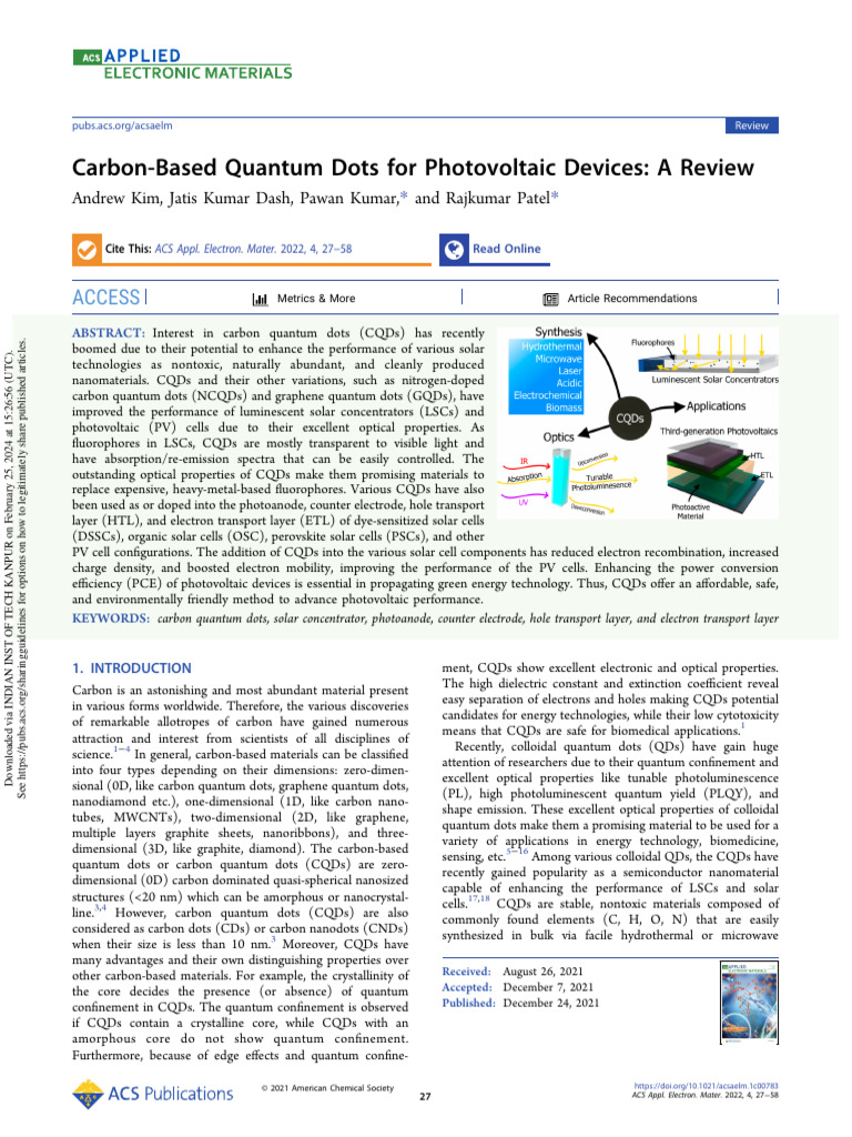 Kim Et Al 2021 Carbon Based Quantum Dots For Photovoltaic Devices A Review | PDF | Photovoltaics ...
