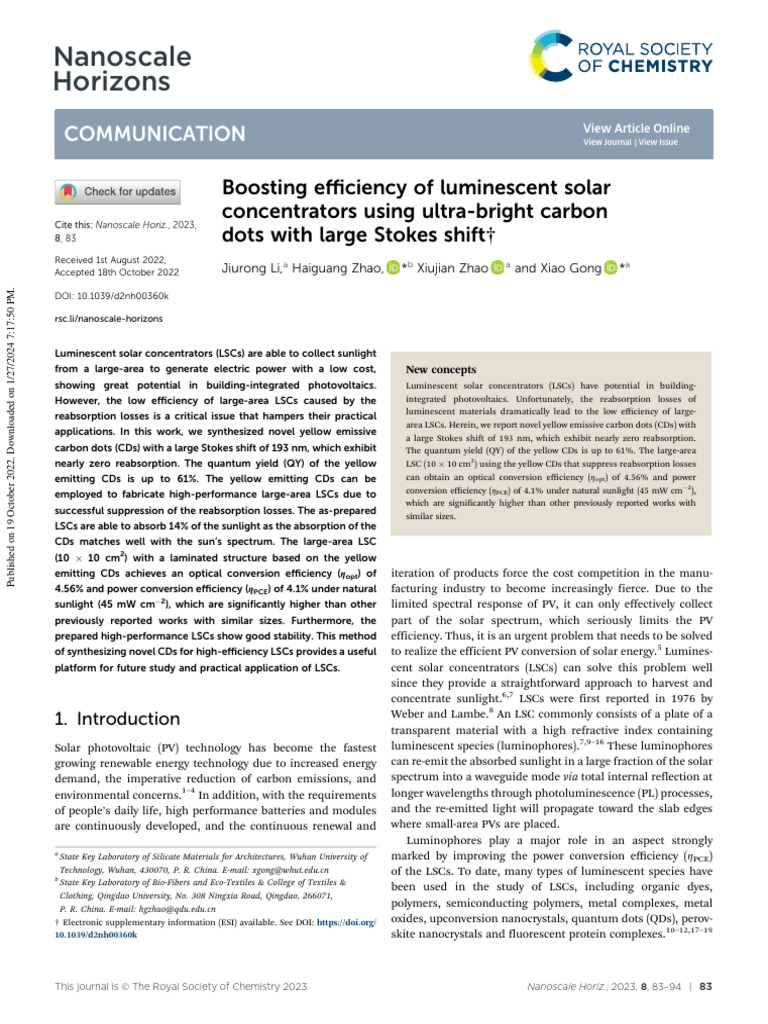 Ultra-Bright Carbon Dots Enhance Solar Concentrators | PDF | Emission ...