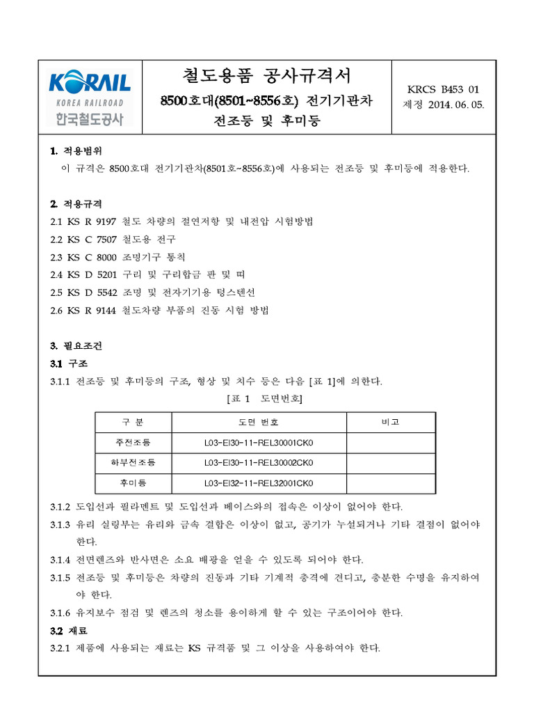 Krcs b453-01 8500호대 (8501~8556호) 전기기관차전조등및후미등 - 제정 PDF | PDF