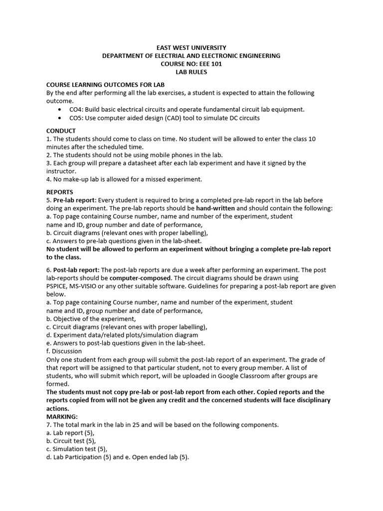 EEE 101 Lab Rules and Report Guidelines | PDF