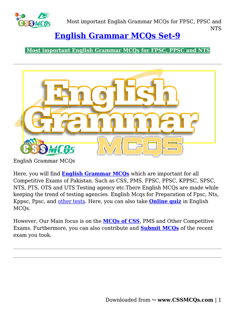Most Important English Grammar MCQs For FPSC, PPSC and NTS | PDF ...