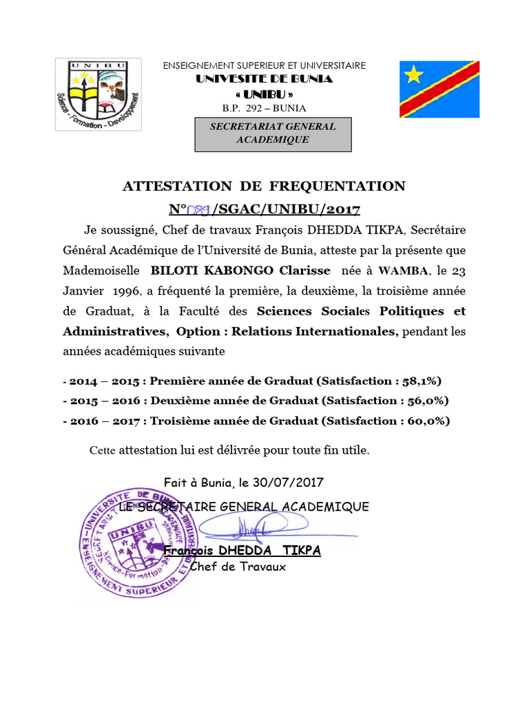 Attestation de Fréquentation UNIBU | PDF