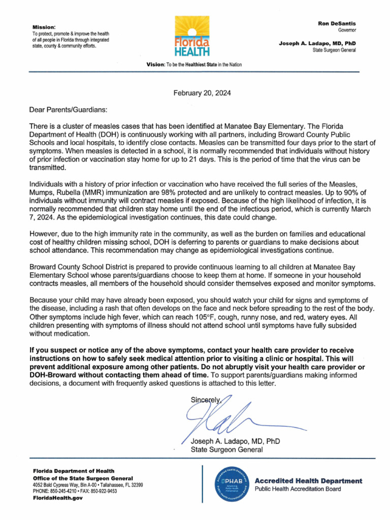 Florida Surgeon General Letter On Measles Outbreak | PDF | Measles ...