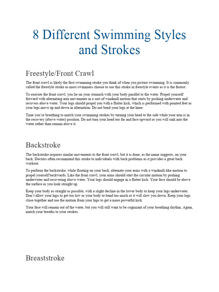 8 Different Swimming Styles and Strokes | PDF | Swimming | Individual ...