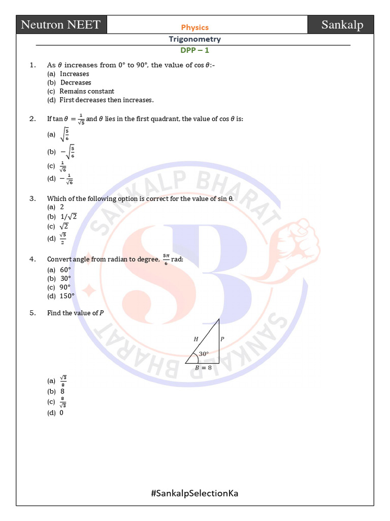 Basic Maths NEET 01 Trigonometry | PDF | Complex Analysis | Elementary Mathematics