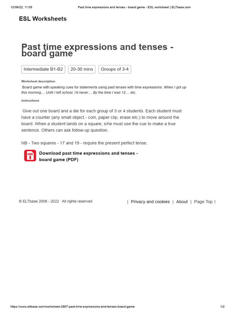 Past Time Expressions And Tenses Board Game Esl Worksheet Pdf