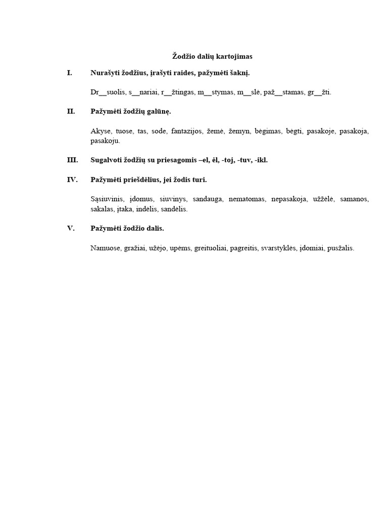 Žodžio Dalių Kartojimas Pratimai | PDF