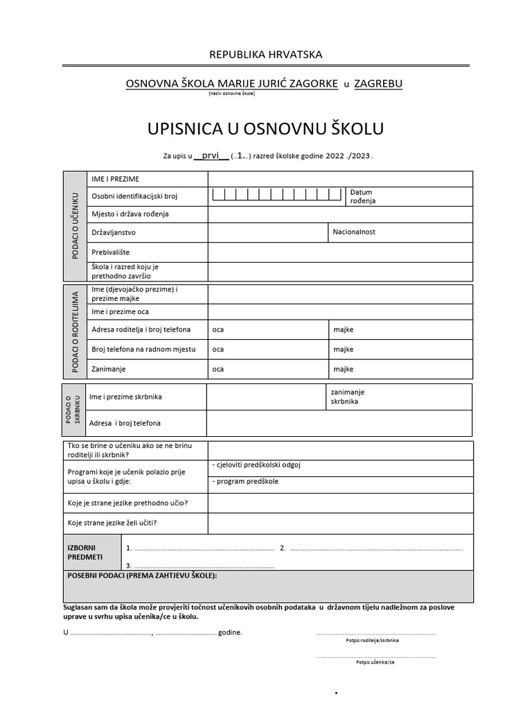 UPISNICA U Osnovnu Skolu | PDF
