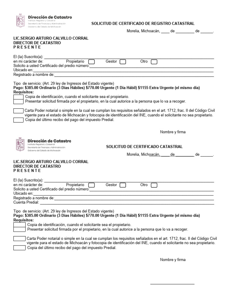 Solicitud de Certificado de Registro Catastral | PDF | Gobierno