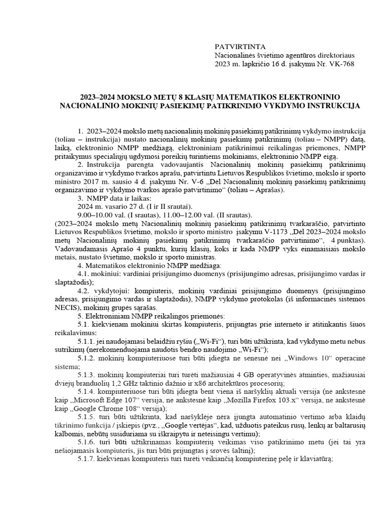 2023-2024 8 Matematikos NMPP Vykdymo Instrukcija | PDF