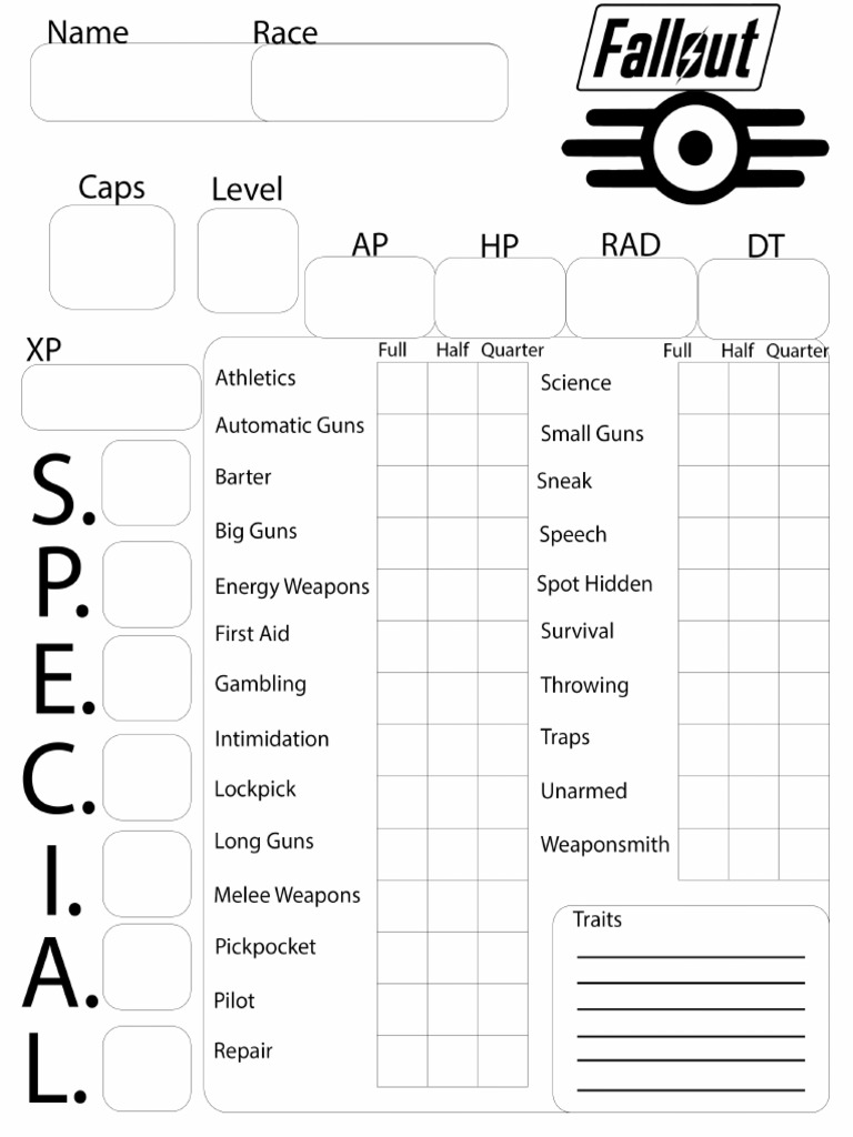 Fallout Character Sheet Page 1 | PDF