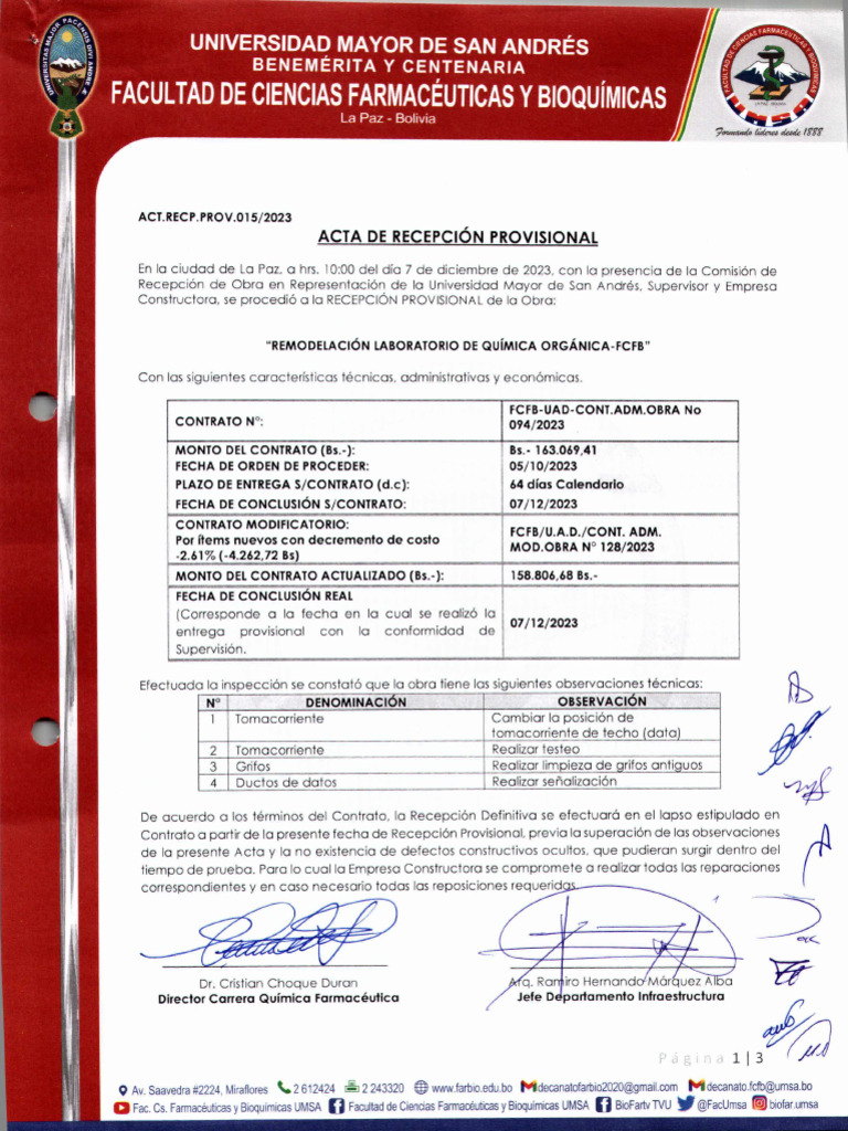 Acta o Informe de Recepción - Ejemplo - Remodelación | PDF