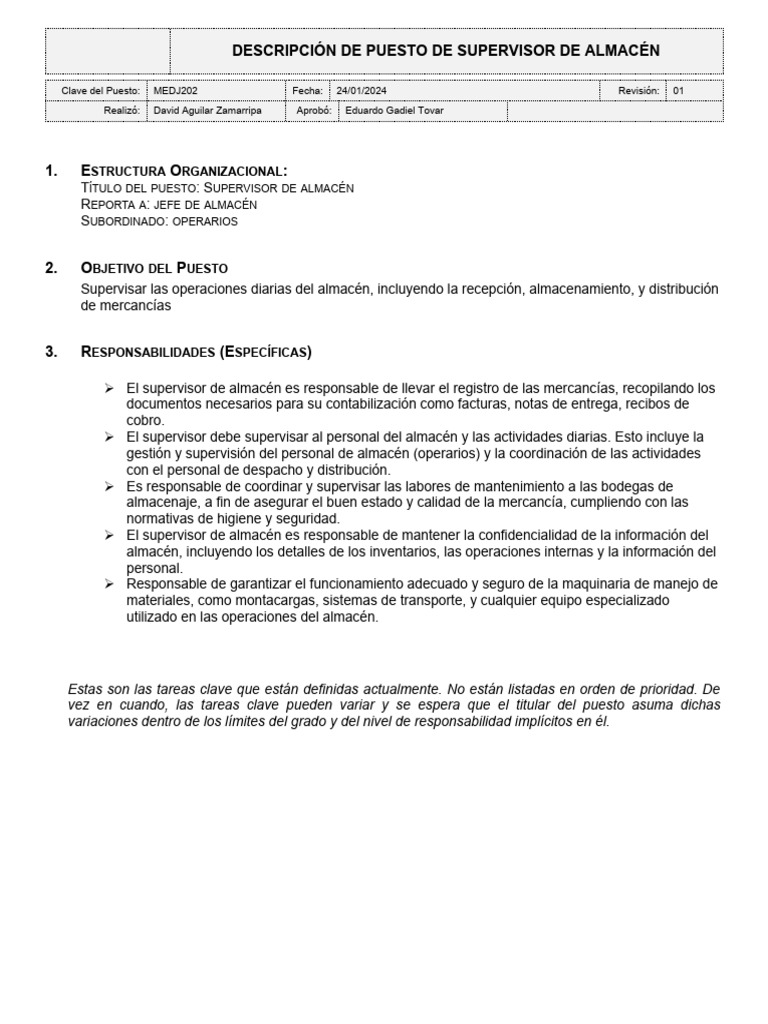 Descripción y Analisis de Puesto Supervisor de Alma | PDF | Logística ...