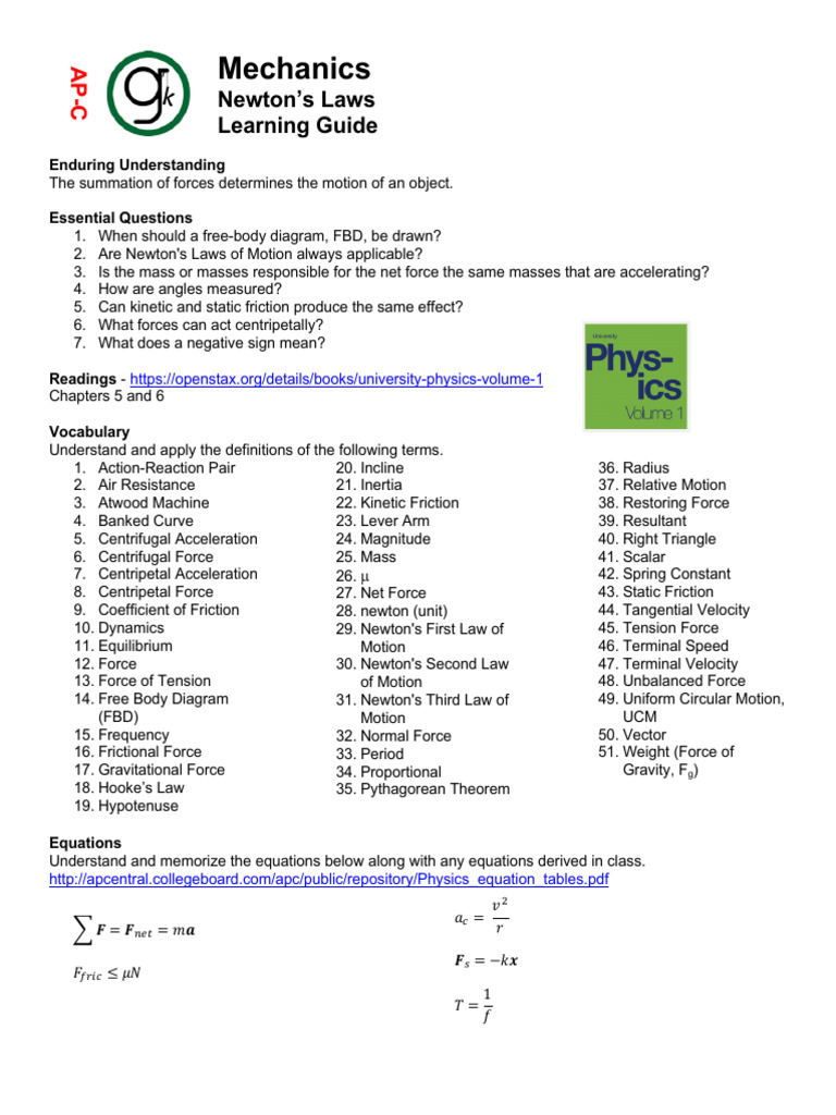 Newtons Laws Learning Guide | PDF | Force | Newton's Laws Of Motion