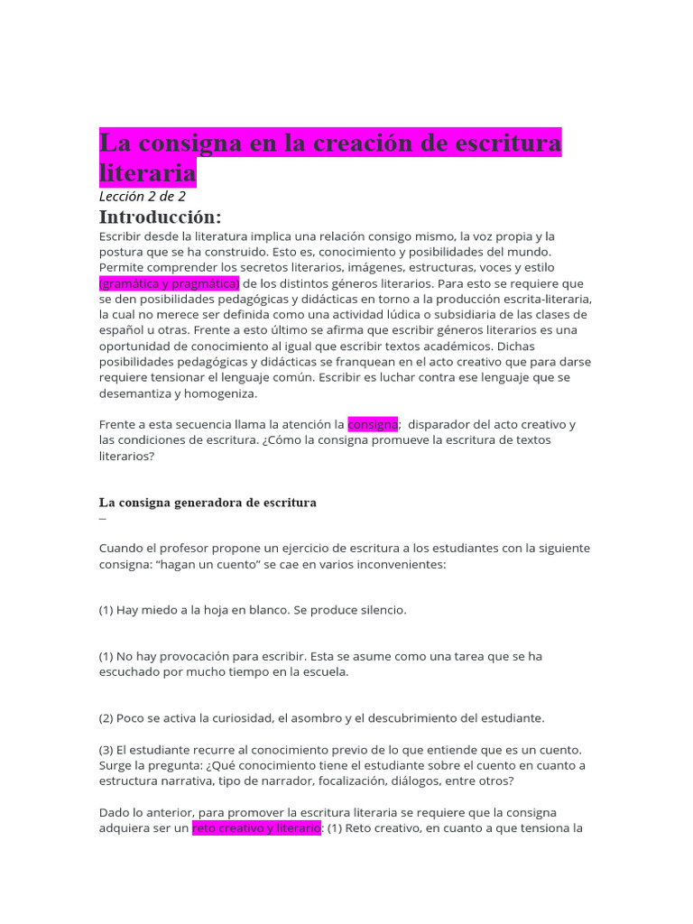 La consigna en la escritura literaria | PDF | Cuentos | Narración