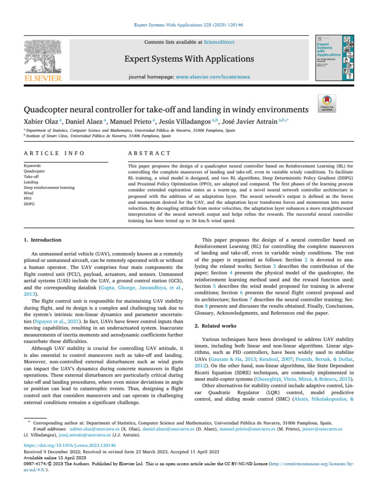 Quadcopter Neural Controller For Take Off and Land - 2023 - Expert Systems With | PDF | Control ...