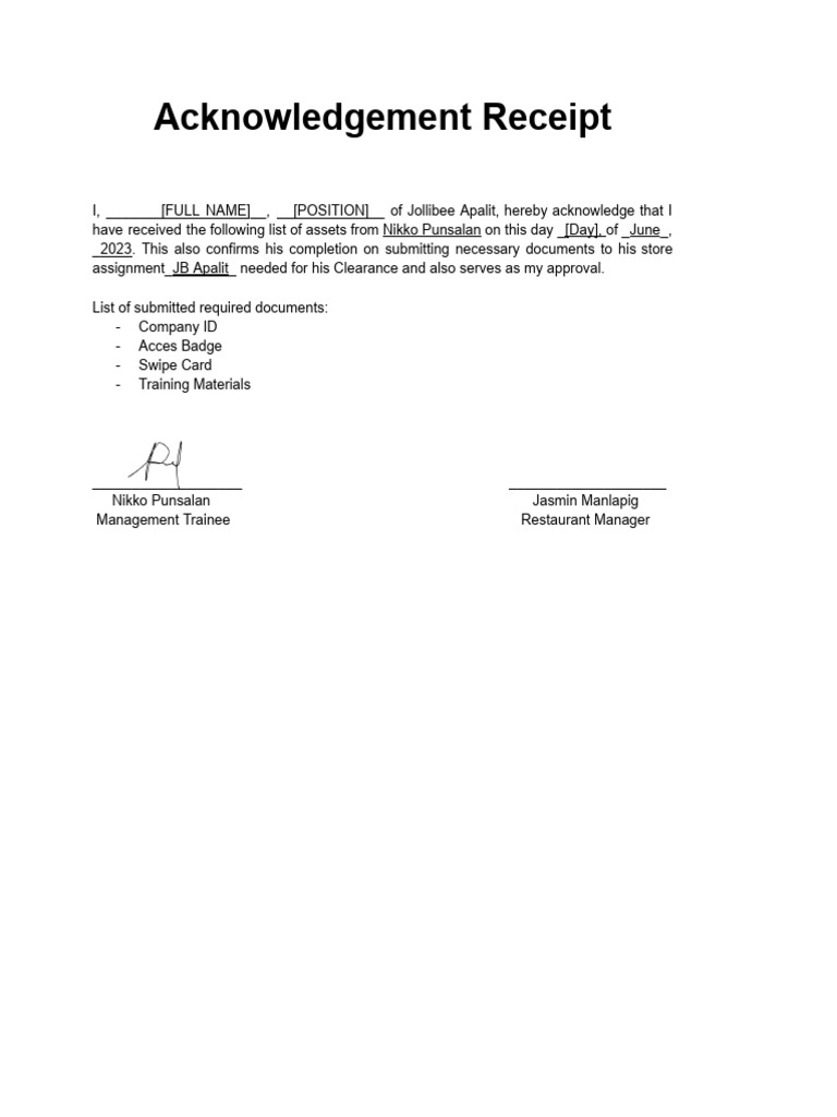 Jollibee Apalit Acknowledgement Receipt | PDF | Finance & Money Management