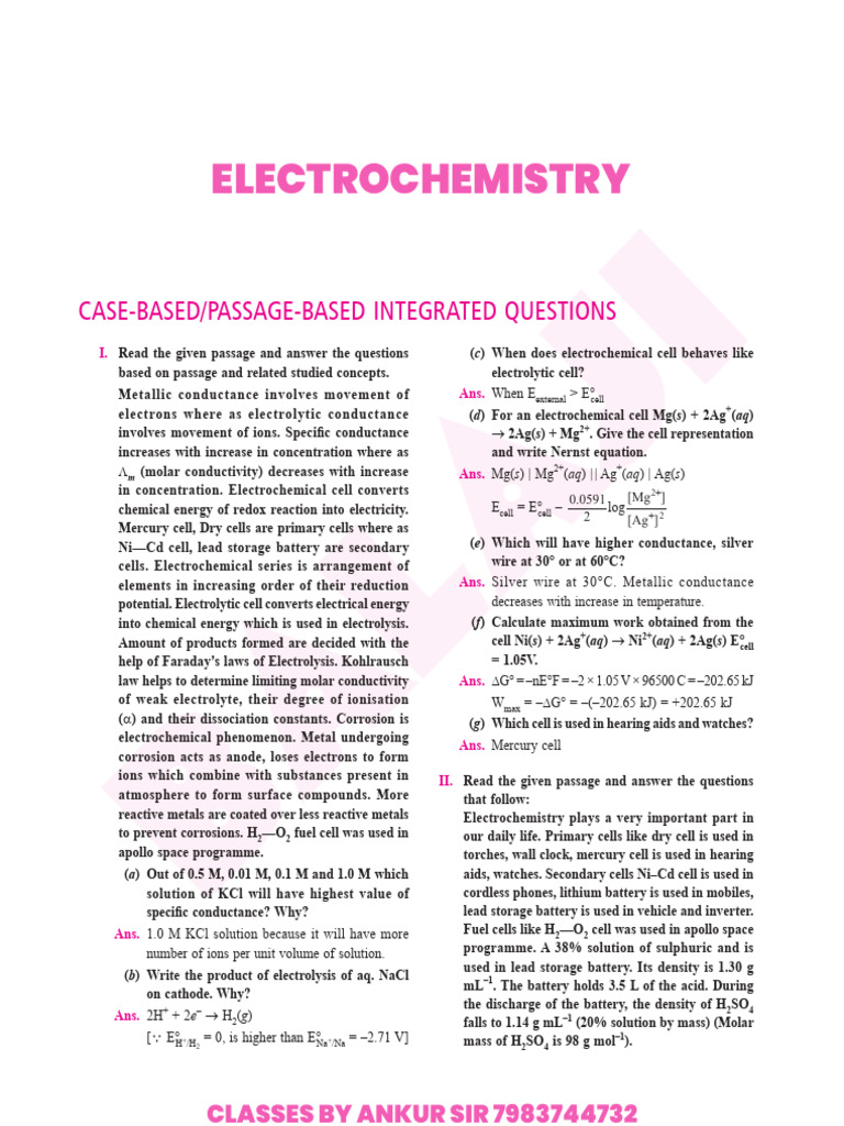 Case Based Question Elecrtrochemistry | PDF | Electrochemistry | Electricity