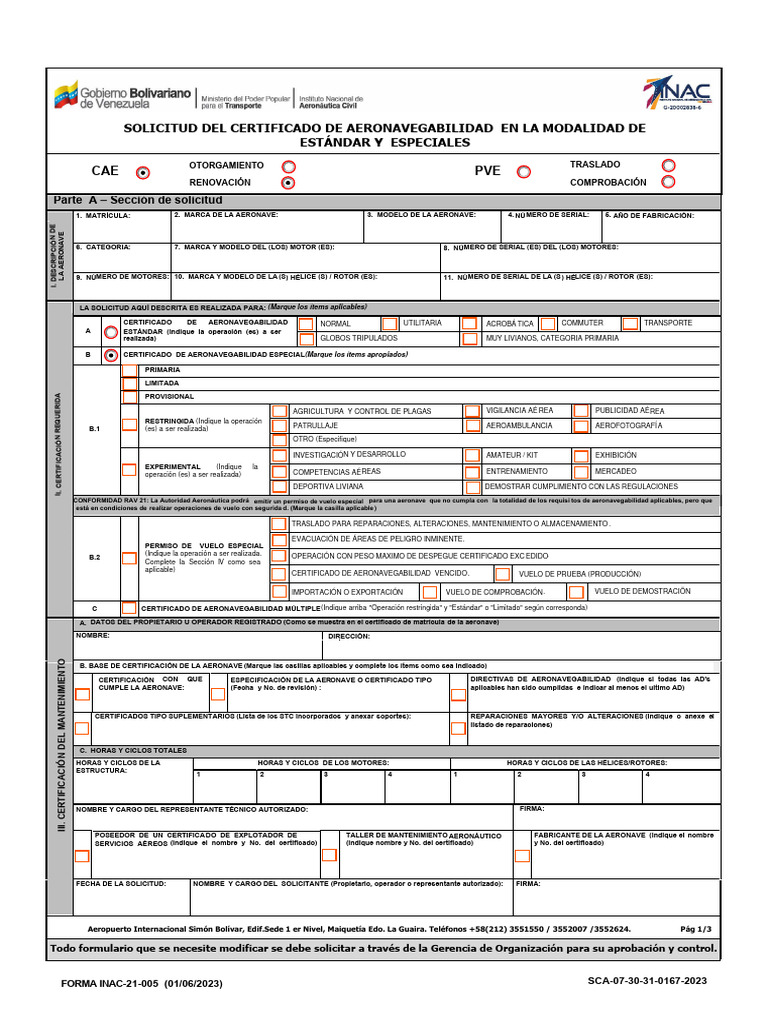 FORMA INAC 21-005 - Solicitud de CAE y PVE. (Actualizada) 2023 | PDF | Aviación | Transporte