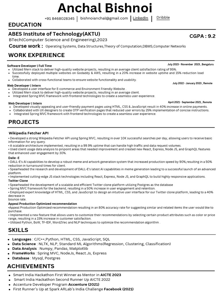 Anchal Bishnoi - CV PDF | PDF | Spring Framework | Model–View–Controller