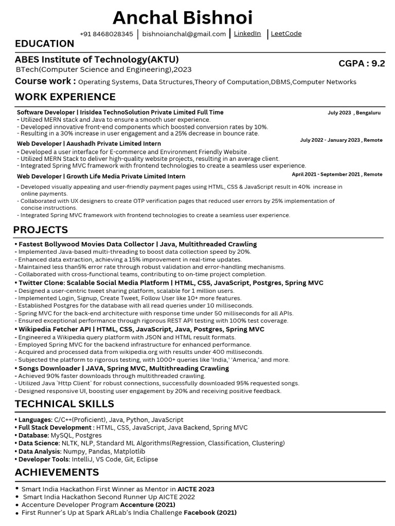 Anchal Bishnoi CV PDF | PDF | Spring Framework | Java (Programming Language)