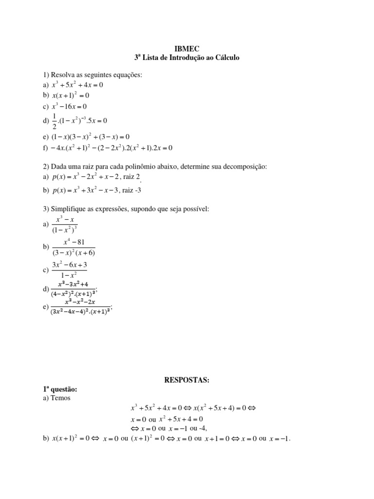 3a Lista de Introd Ao Calculo Ibmec 2024-1 | PDF | Matemática | Analise ...
