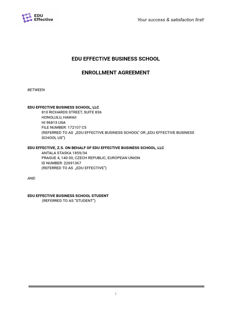 EDU Effective Business School Enrollment Agreement | PDF | Thesis | Doctor Of Philosophy