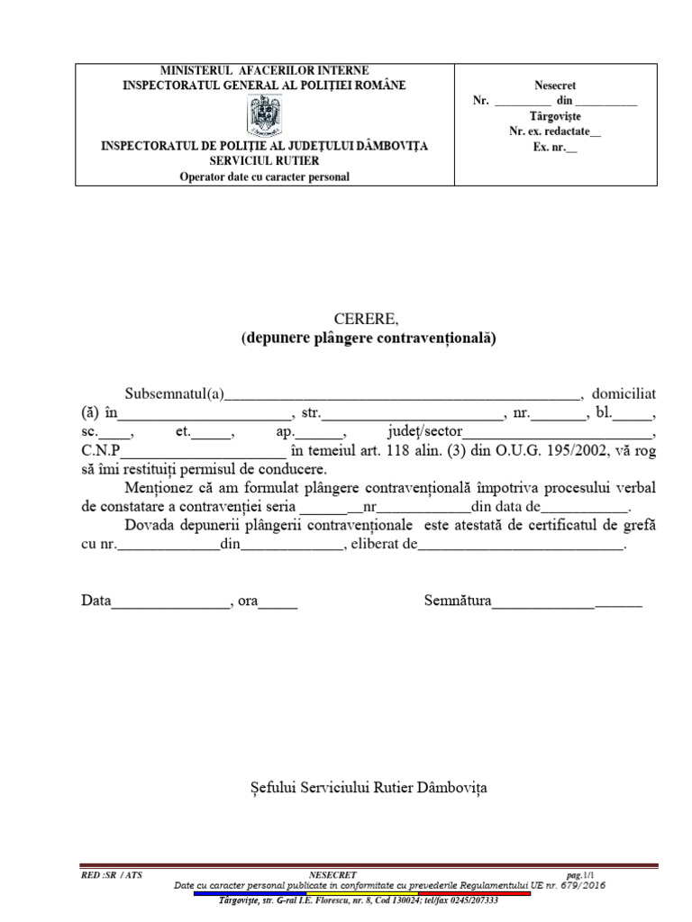 Cerere Restituire Permis de Conducere La Depunerea Plangerii Contraventionale | PDF