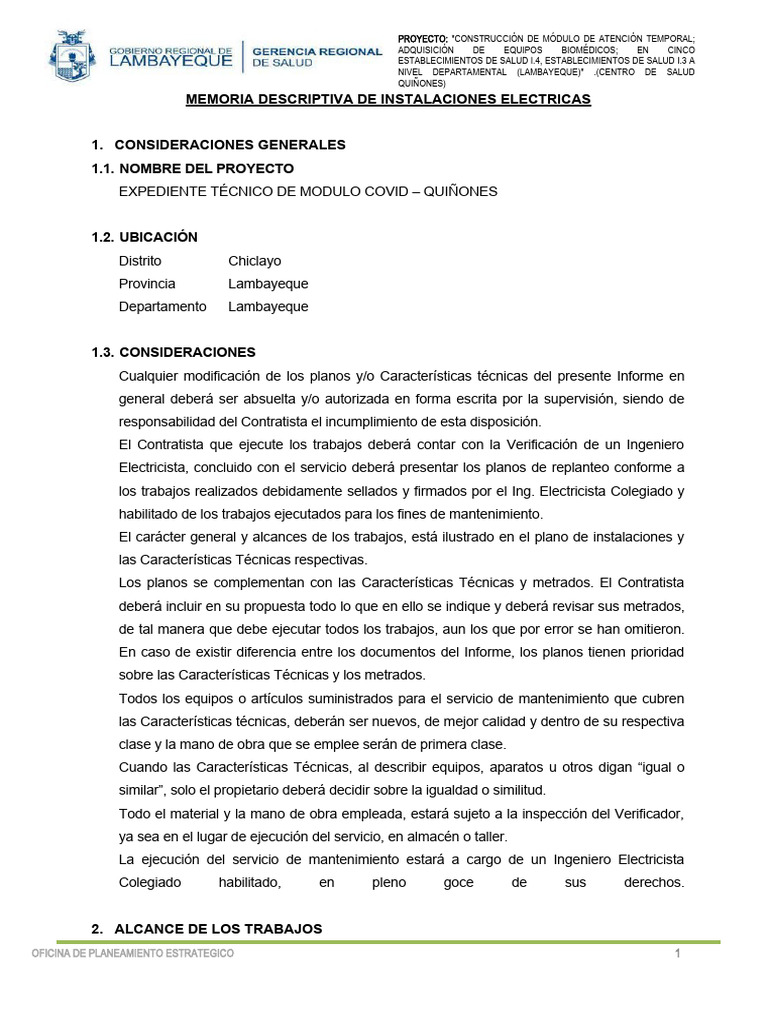 Memoria Descriptiva (Instalaciones Electricas) - CS. QUIÑONES | PDF | Resistencia Eléctrica y ...