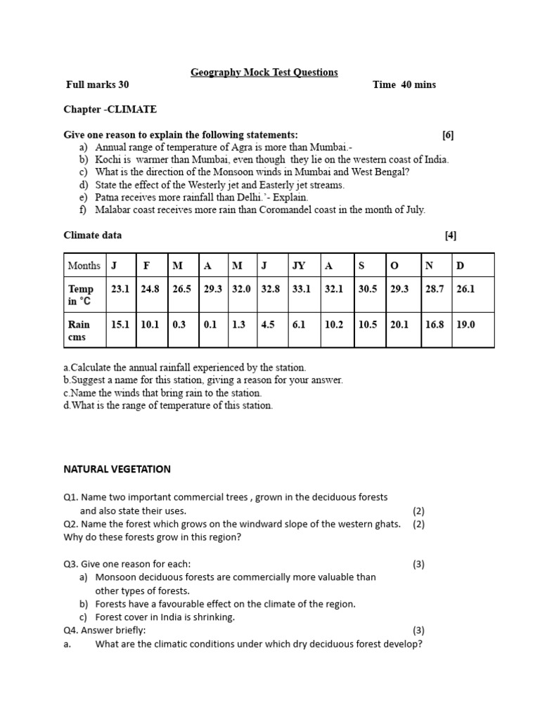 Geography Mock Test on Climate and Rainfall | PDF | Rain | Monsoon