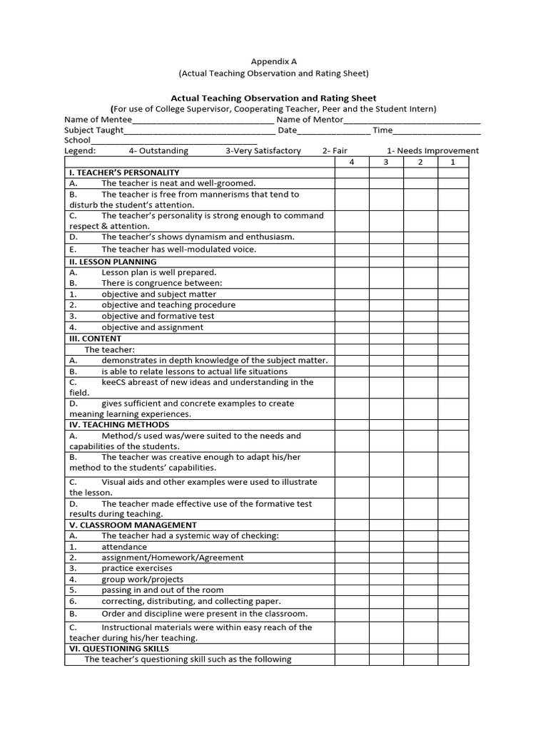 Teaching Observation Rating Sheet | PDF | Teachers | Learning