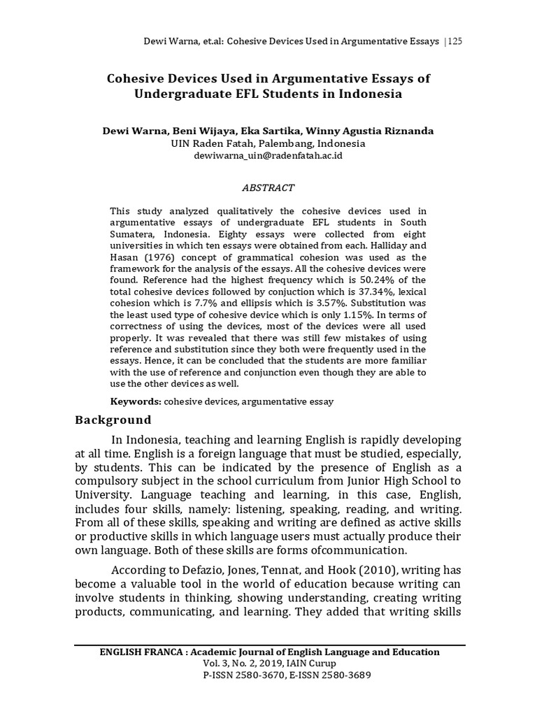 Cohesive Devices Used in Argumentative Essays of | PDF | Essays | English Language