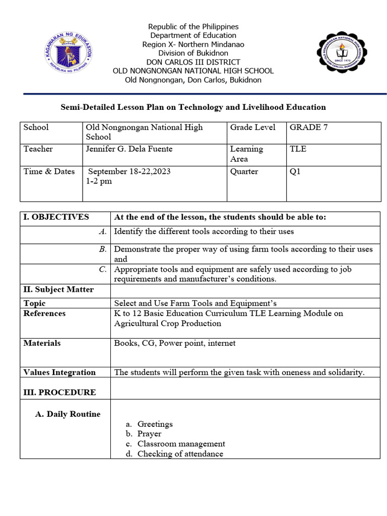 Semi - Detailed Lesson Plan - Tle September 18-22,2023 | PDF | Teachers | Lesson Plan