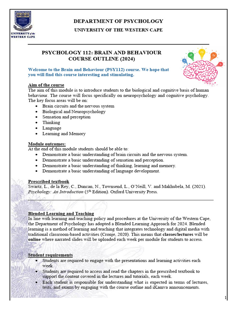 PSY112 - Brain and Behaviour Course Guide - 2024 | PDF | Educational Technology | Academic ...