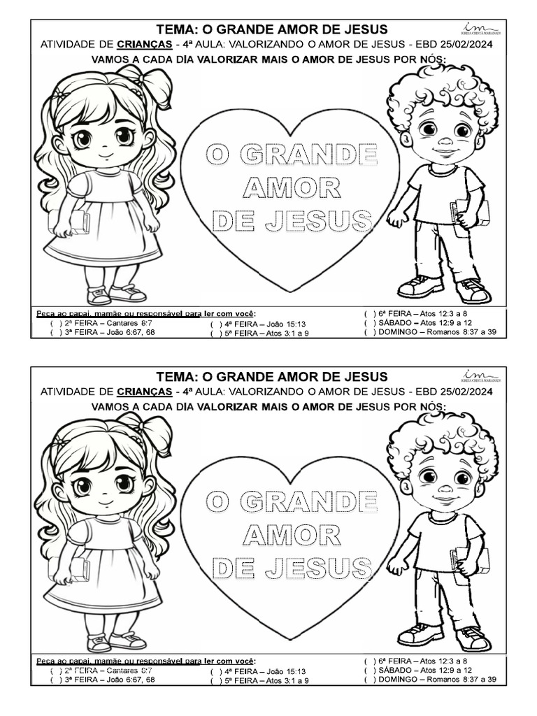 4a Aula - Atividade2 - CRI - O Grande Amor de Jesus - Valorizando o Amor de Jesus - Fevereiro ...