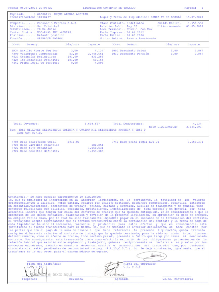 Liquidación Laboral de Ancízar Duque | PDF | Business | Economias