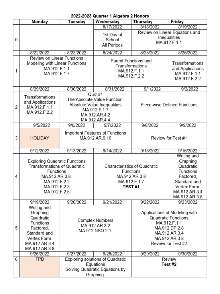 Focus Calendar Q1 Algebra 2 H | PDF | Quadratic Equation | Applied ...