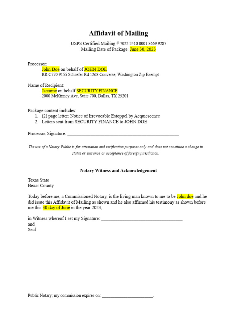 TEMPLATE - Affidavit of Mailing | PDF