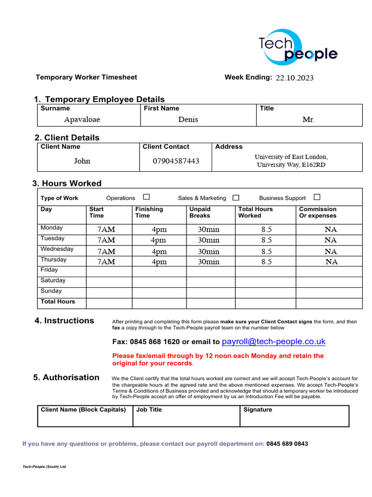 Temporary Worker Timesheet | PDF | Temporary Work | Labor Relations