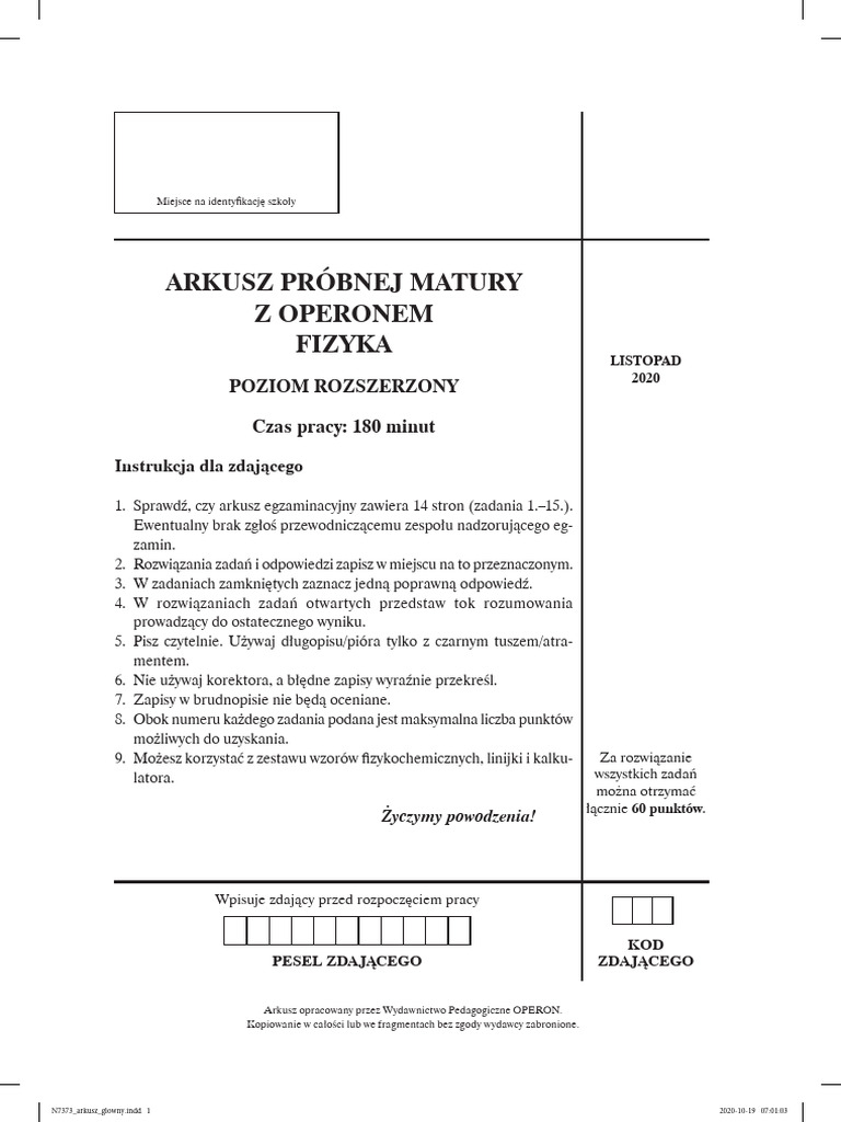 N7373 Fizyka Arkusz | PDF