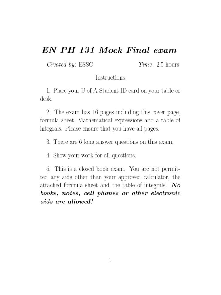 EN PH 131 Mock Final Exam | PDF | Velocity | Acceleration