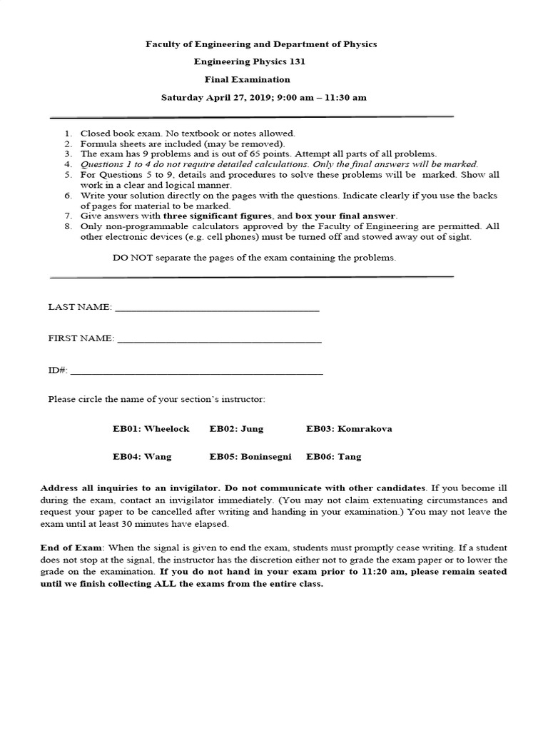 ENPH 131-Final Exam-W2019 | PDF | Force | Mass