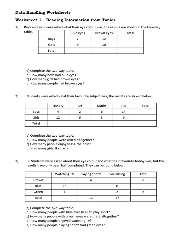 Data Handling Worksheets Pack | PDF | Pet