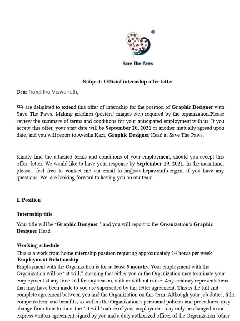 Nanditha Viswanath - Offer Letter | PDF | Employment | Internship