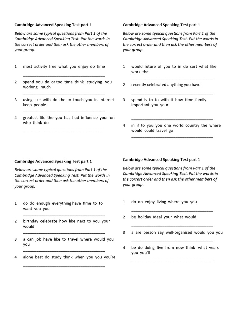 Advanced - Speaking - Part 1 Qs Activity | PDF